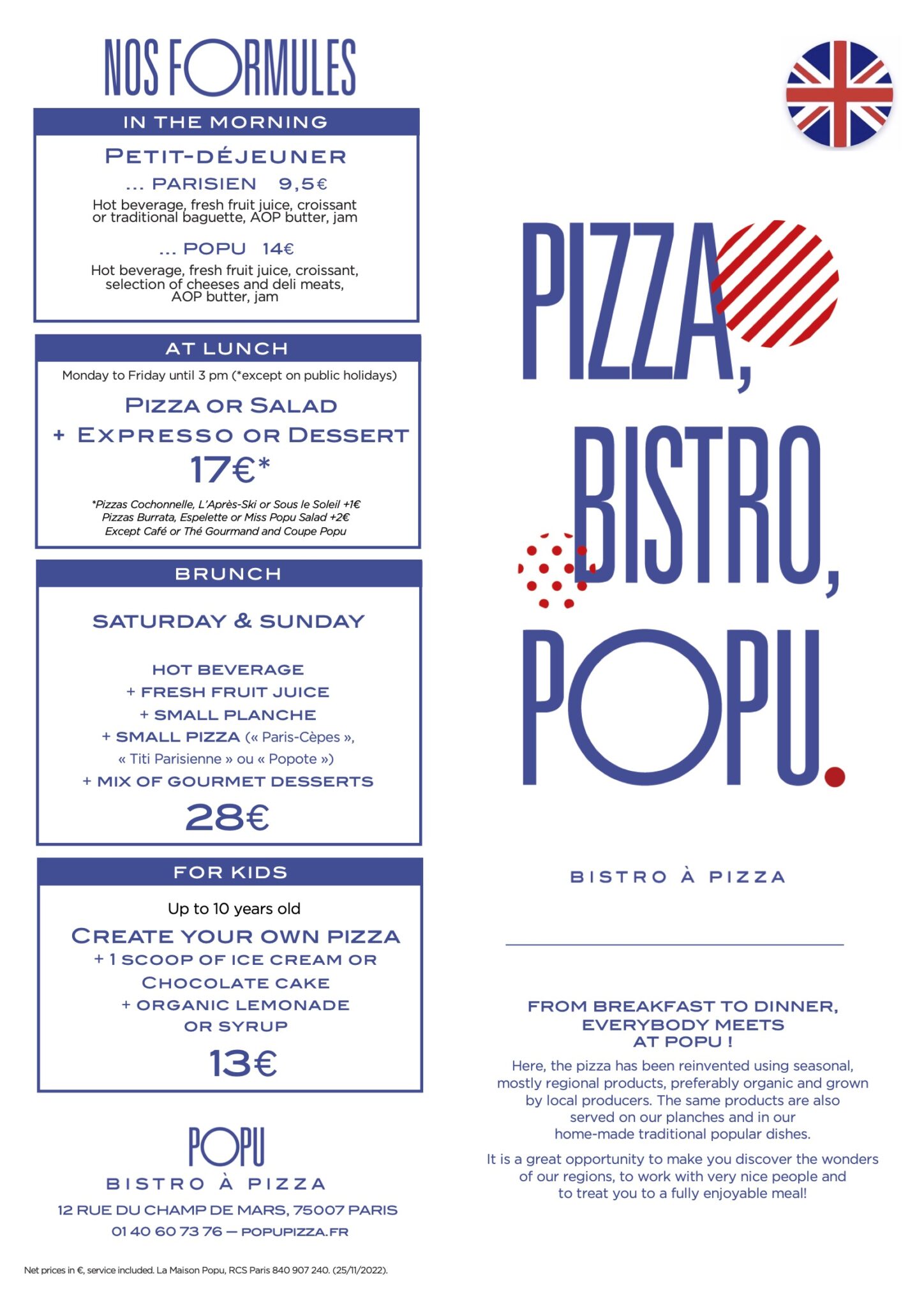Menu in English - Popu Bistro à Pizza